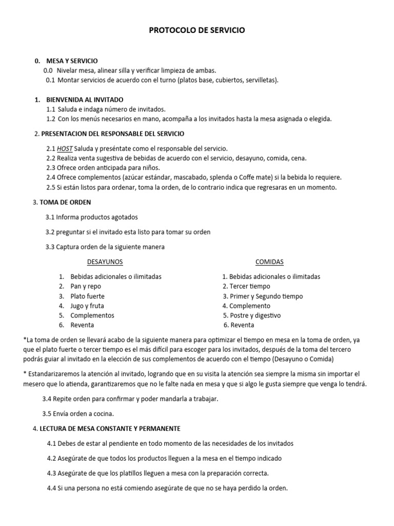 Protocolo de Servicio | PDF | Cocinando | Alimentos