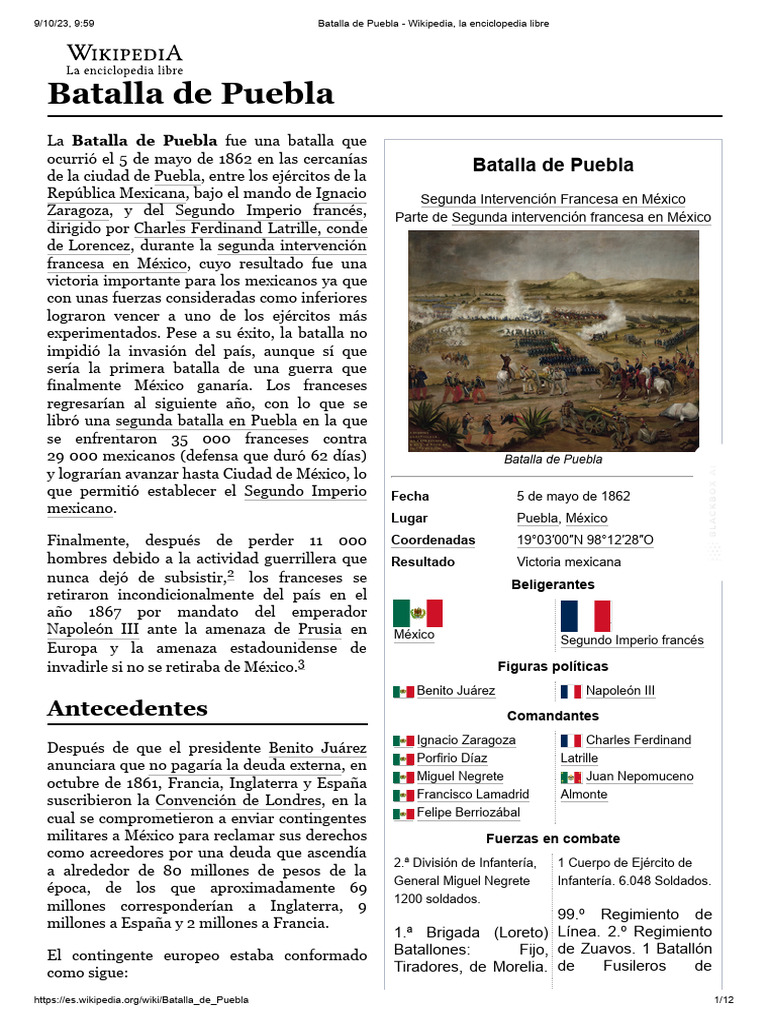 Batalla de Puebla - Wikipedia, La Enciclopedia Libre | PDF | Militar ...
