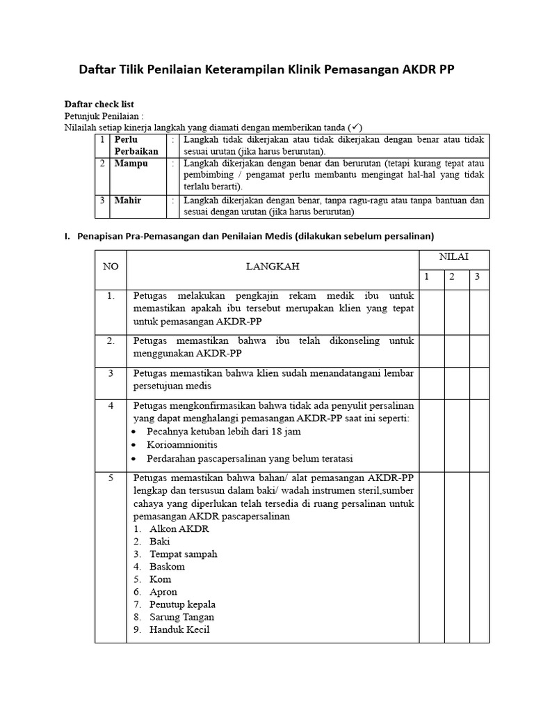 Daftar Tilik pemasangan dan pencabutan AKDR PP | PDF