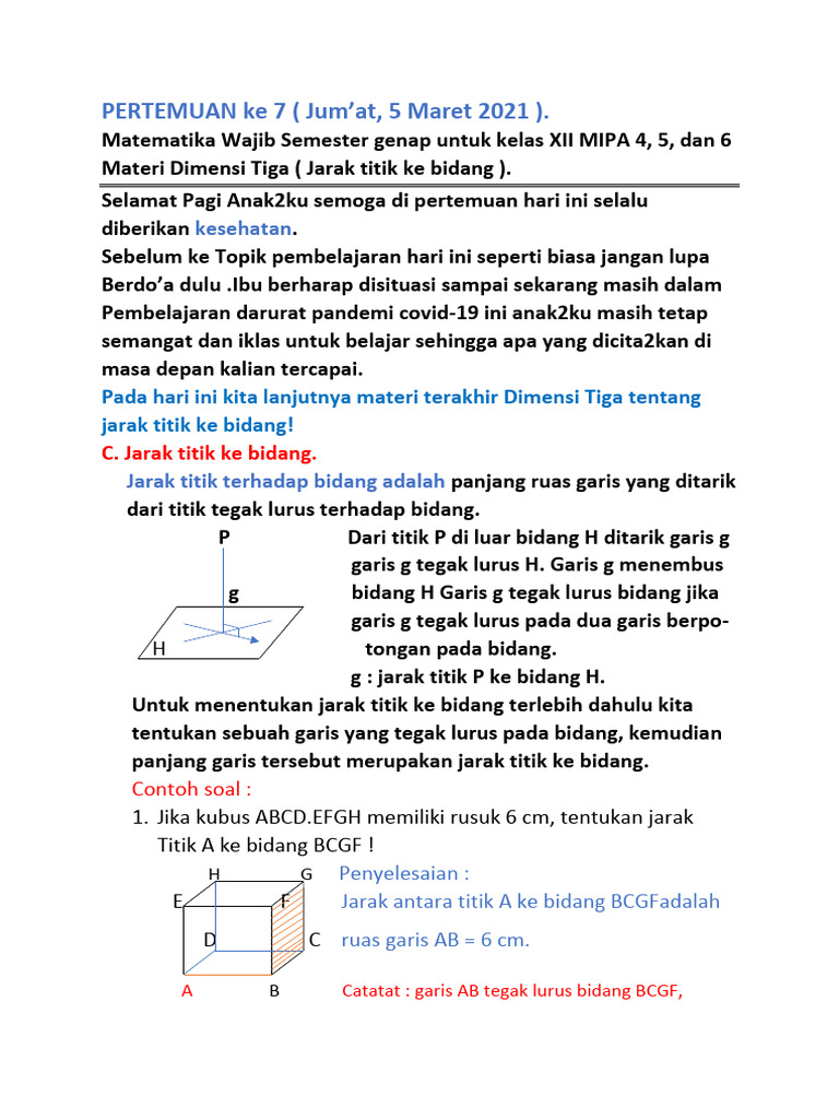 PERTEMUAN Ke 7 (Jum'at, 5 Maret 2021) Materi Dimensi Tiga Tentang Jarak Titik Ke Bidang) Untuk ...