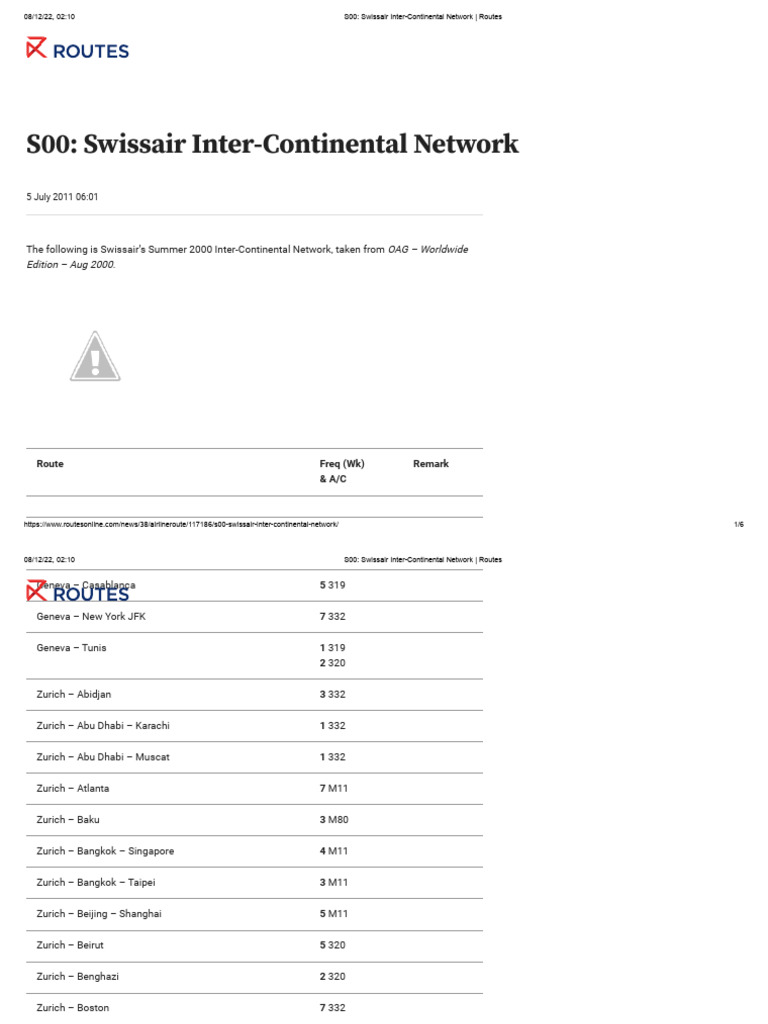 2000 - Swissair Inter-Continental Network - Routes | PDF | Aviation ...