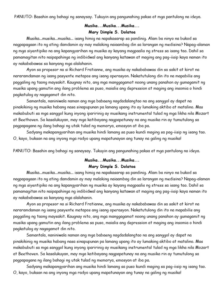 Fil 10 Pagtukoy Sa Pangunahing Ideya at Pansuportang Ideya Activity | PDF