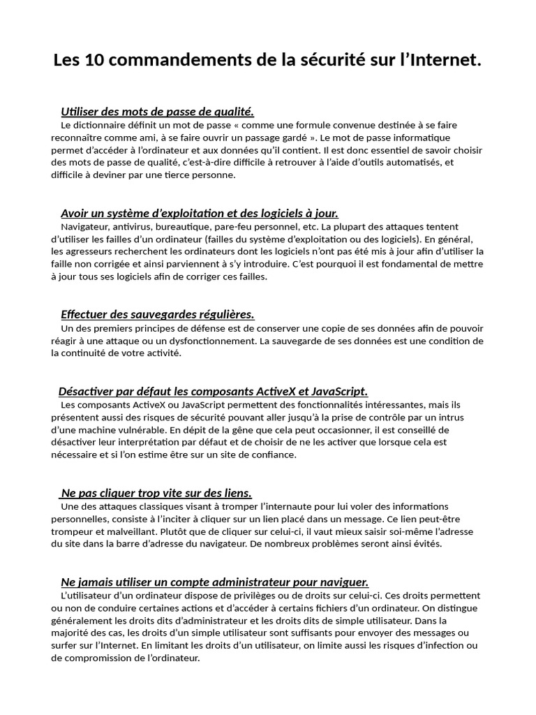 10 Commandements de la Sécurité Internet | PDF | Vulnérabilité ...