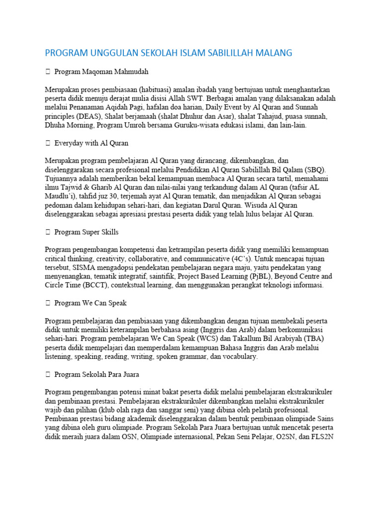 Program Unggulan Sekolah Islam Sabilillah Malang | PDF