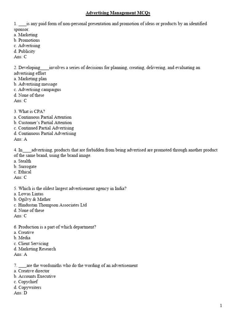 Advertising Management MCQs Guide | PDF | Marketing | Sales
