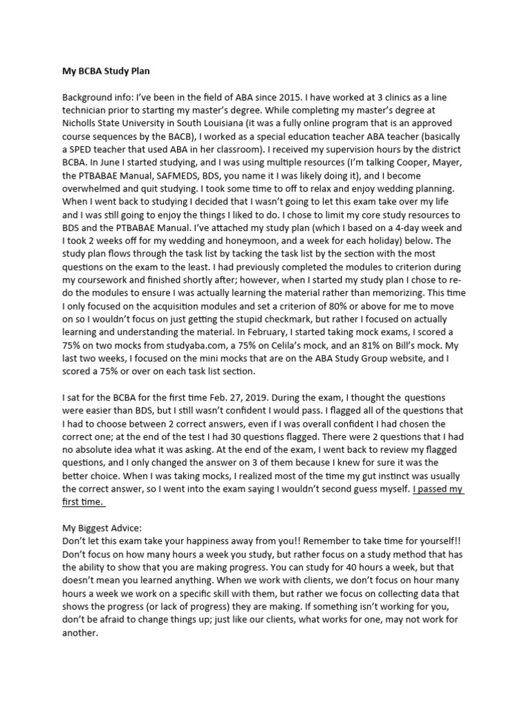 My BCBA Study Plan | PDF | Cognitive Science | Behavior Modification