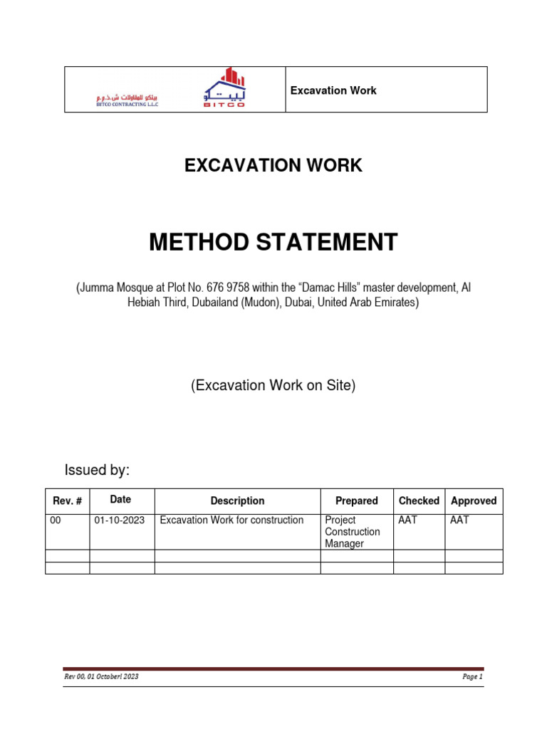 Method Statement for Excavation Work | PDF | Occupational Safety And ...