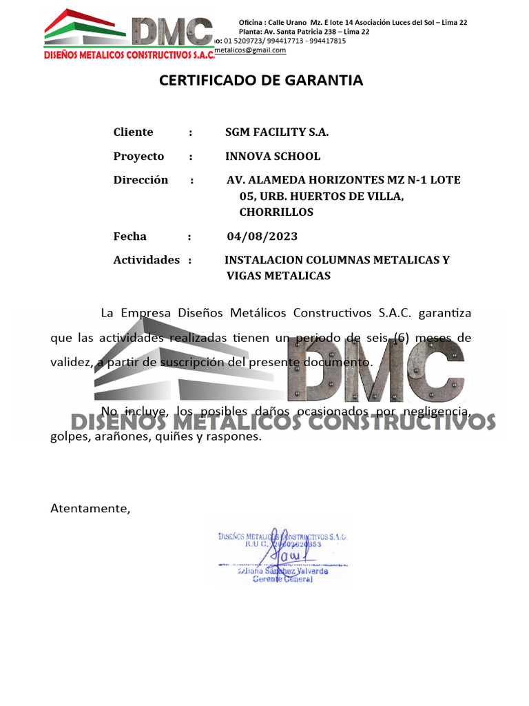 CERTIFICADO DE GARANTIA VIGAS Y COLUMNAS | PDF