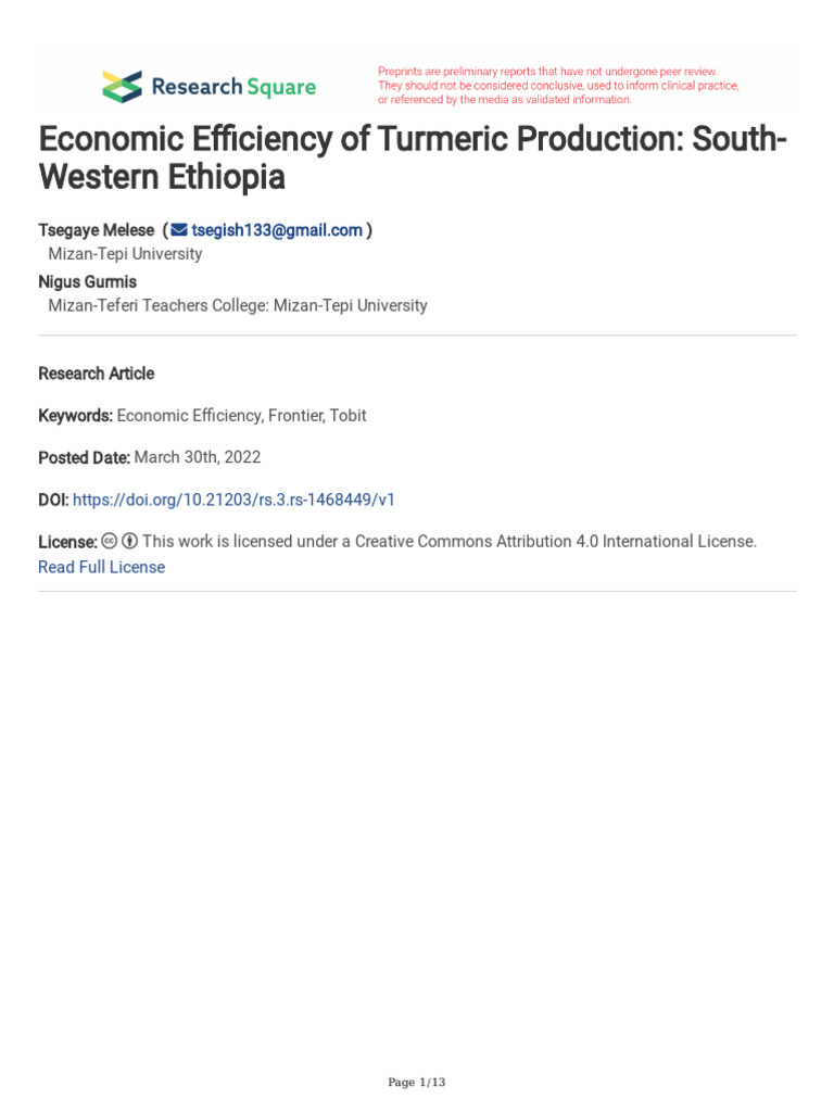 Economic Efficency of Turmeric Production-South Western Ethiopia | PDF