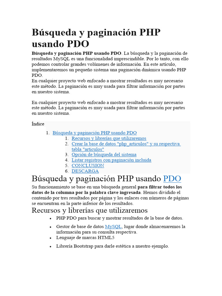 Búsqueda y Paginación PHP Usando PDO | PDF Búsqueda y Paginación PHP Usando PDO | PDF