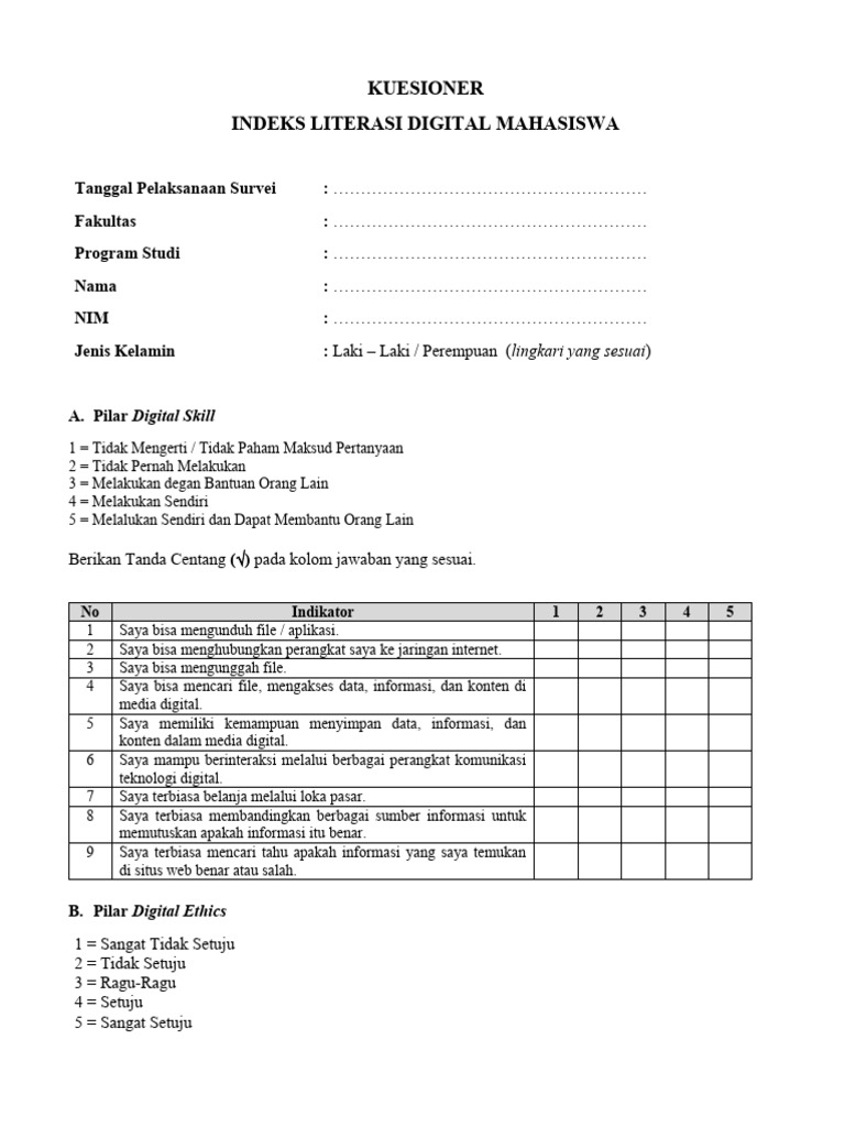 KUESIONER INDEKS LITERASI DIGITAL MAHASISWA - Teknik Sipil FT UNG | PDF