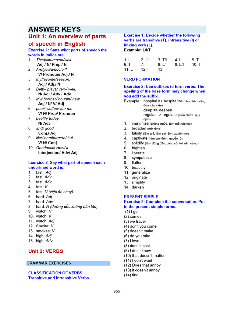 Parts of Speech and Verb Exercises | PDF | Perfect (Grammar) | Verb