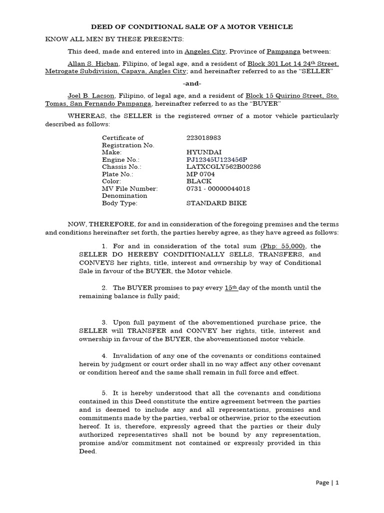 DEED OF CONDITIONAL SALE OF A MOTOR VEHICLE Sample | PDF DEED OF CONDITIONAL SALE OF A MOTOR VEHICLE Sample | PDF