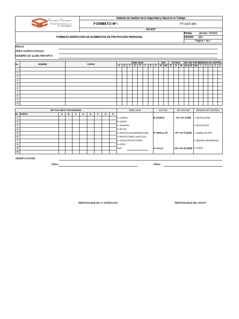FT-SST-061 Formato Inspeccion de EPP | PDF FT-SST-061 Formato Inspeccion de EPP | PDF