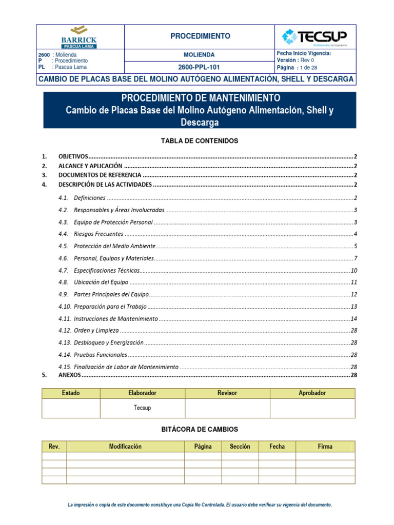 2600-PPL-101 Cambio de Placas Base Del Molino Autógeno Alimentación, Shell y Descarga | PDF ...