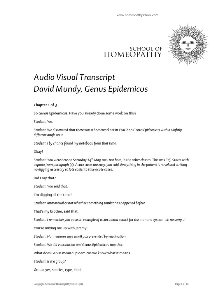 Transcript DVD13-01 David Mundy Genus Epidemicus | PDF | Homeopathy ...