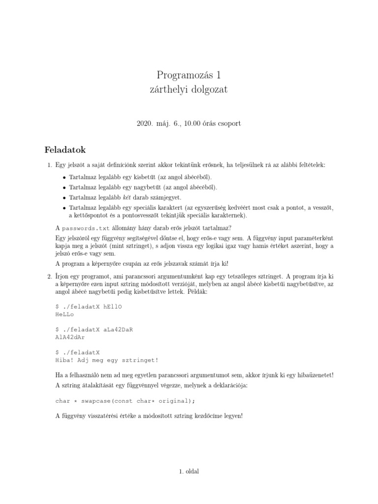 Programozás 1 - Zárthelyi Dolgozat - : Feladatok | PDF