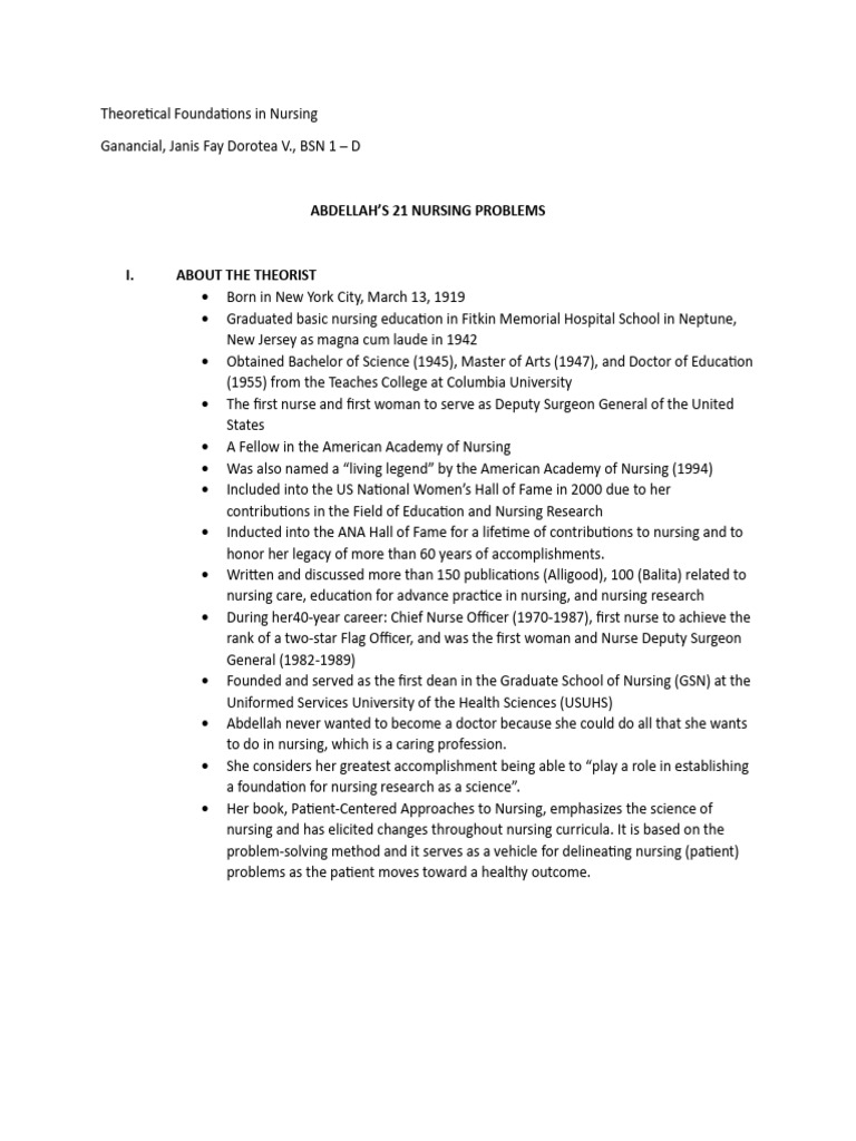 Abdellah's 21 Nursing Problems | PDF | Nursing | Theory