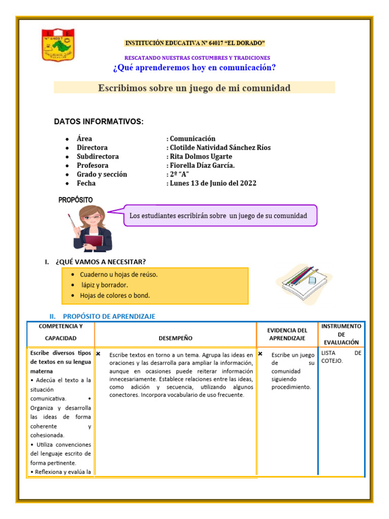 ESCRIBIMOS SOBRE UN JUEGO DE MI COMUNIDAD | PDF | Comunicación humana ...