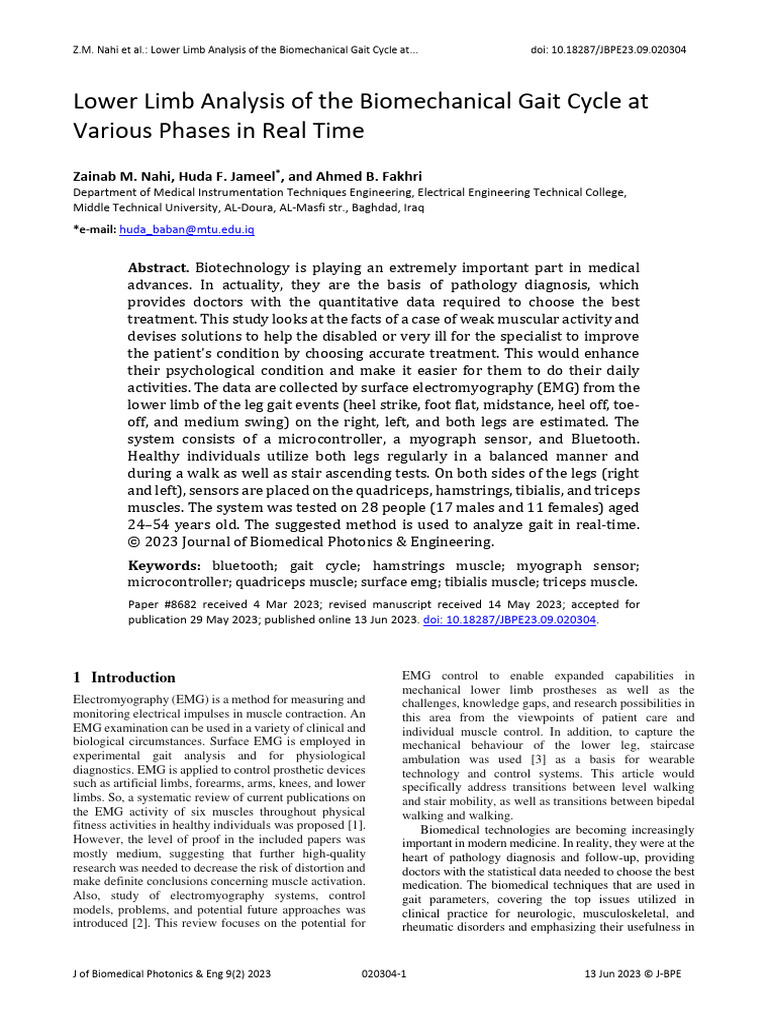 Lower Limb Analysis of The Biomechanical Gait Cycle at Various Phases ...