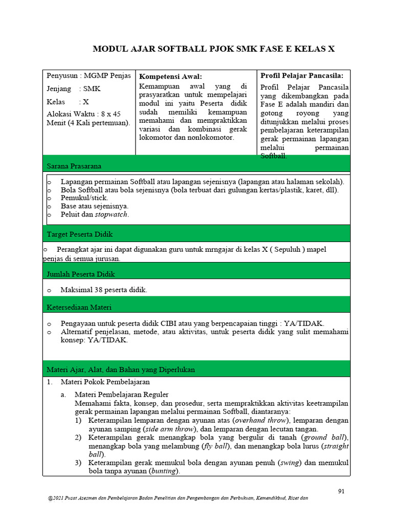 03 Modul Ajar Permainan Sofbol - 27 - 07 - 2021 - Oke | PDF | Seni