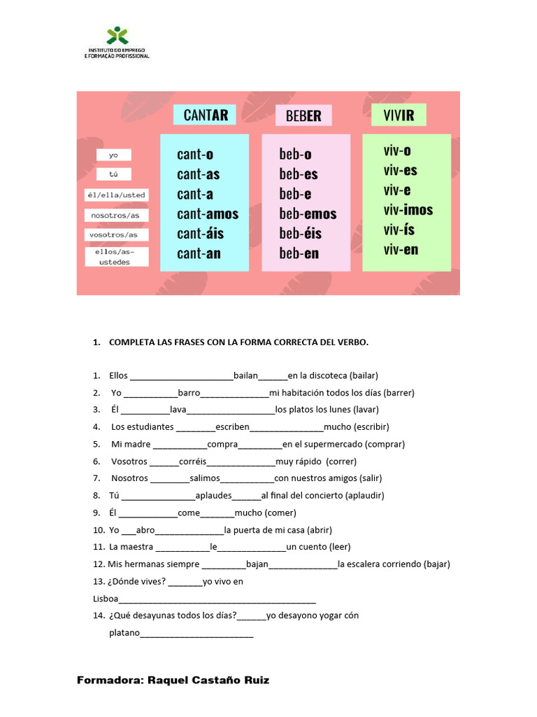 Ficha Verbos Regulares Presente Do Indicativo Pdf