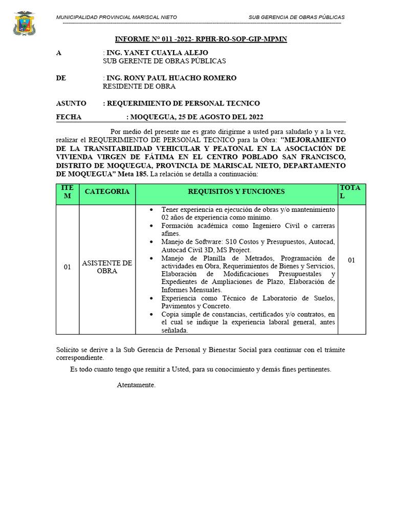 11 Requerimiento de Personal Tecnico | PDF