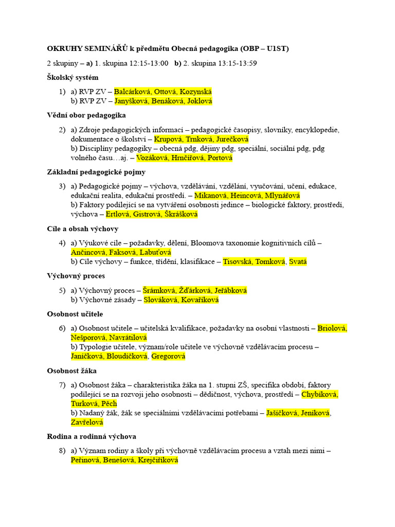 Okruhy Seminářů OBP | PDF