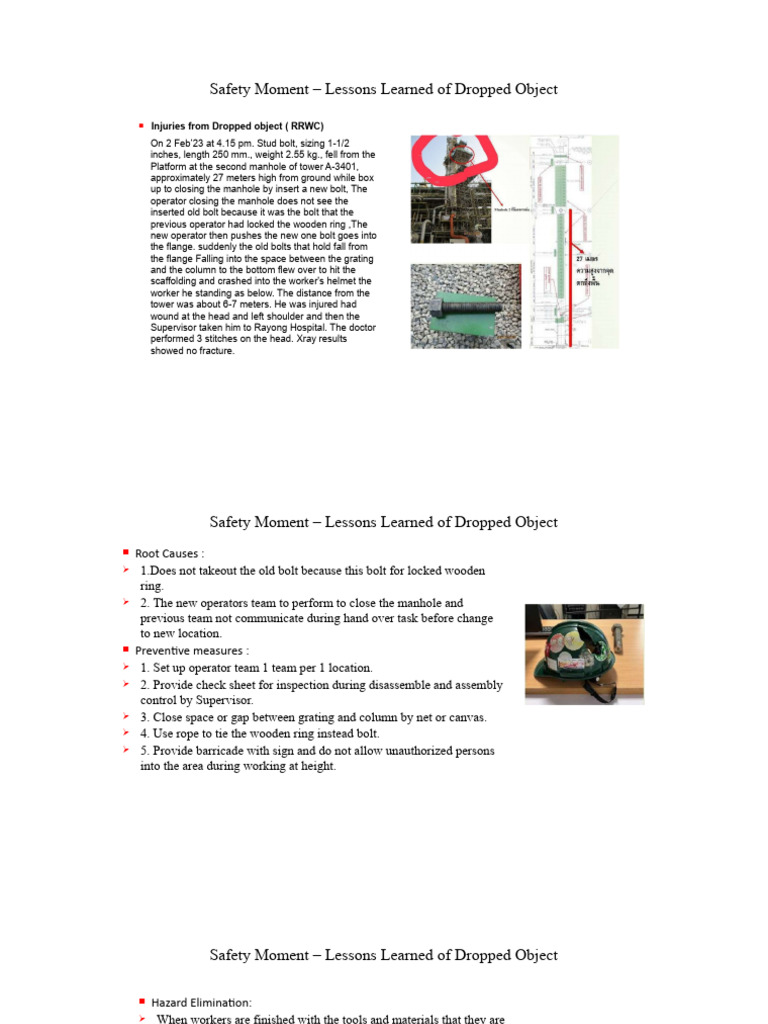 Safety Moment - Lessons Learned of Dropped Object | PDF