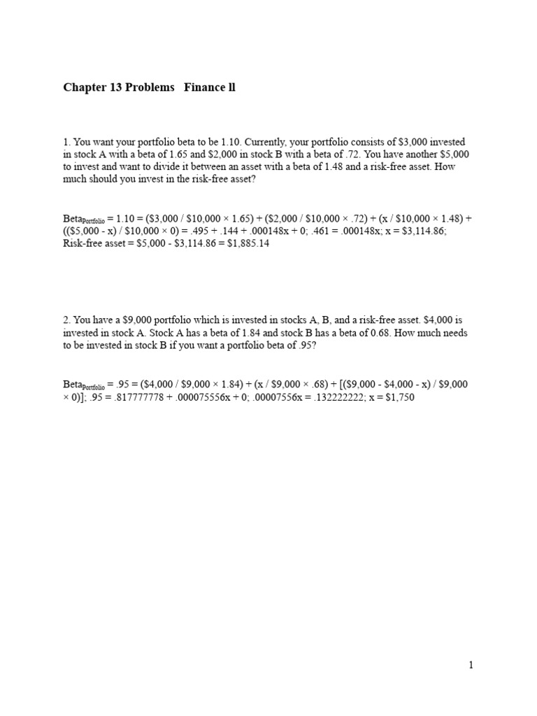 Finance LL Chapter 13 Additional Problems With Soln. F2020 | PDF | Beta (Finance) | Risk Premium