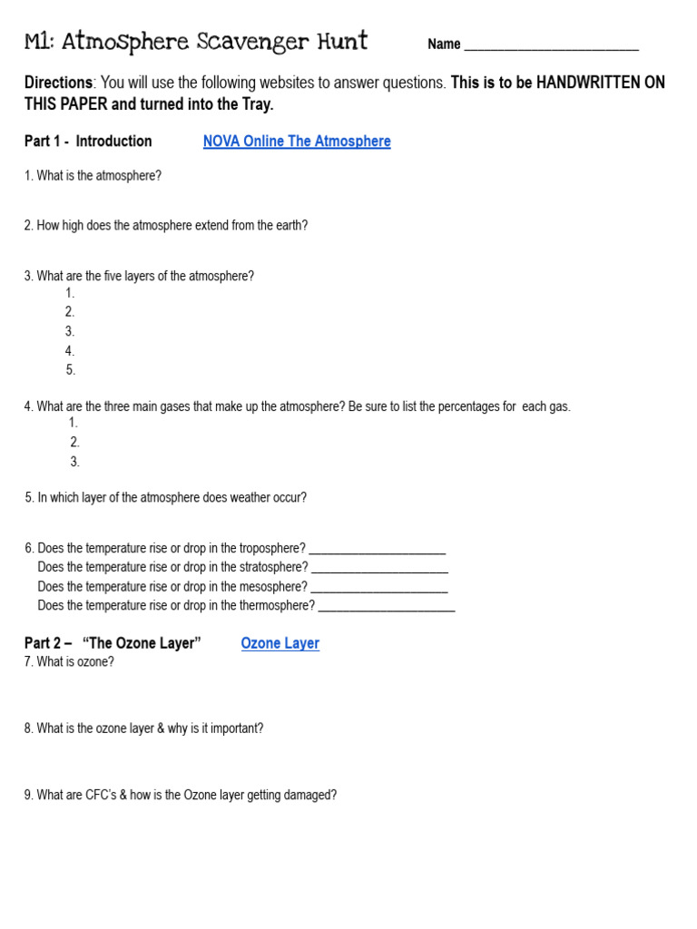 Atmosphere Scavenger Hunt Worksheet | PDF | Atmosphere Of Earth ...