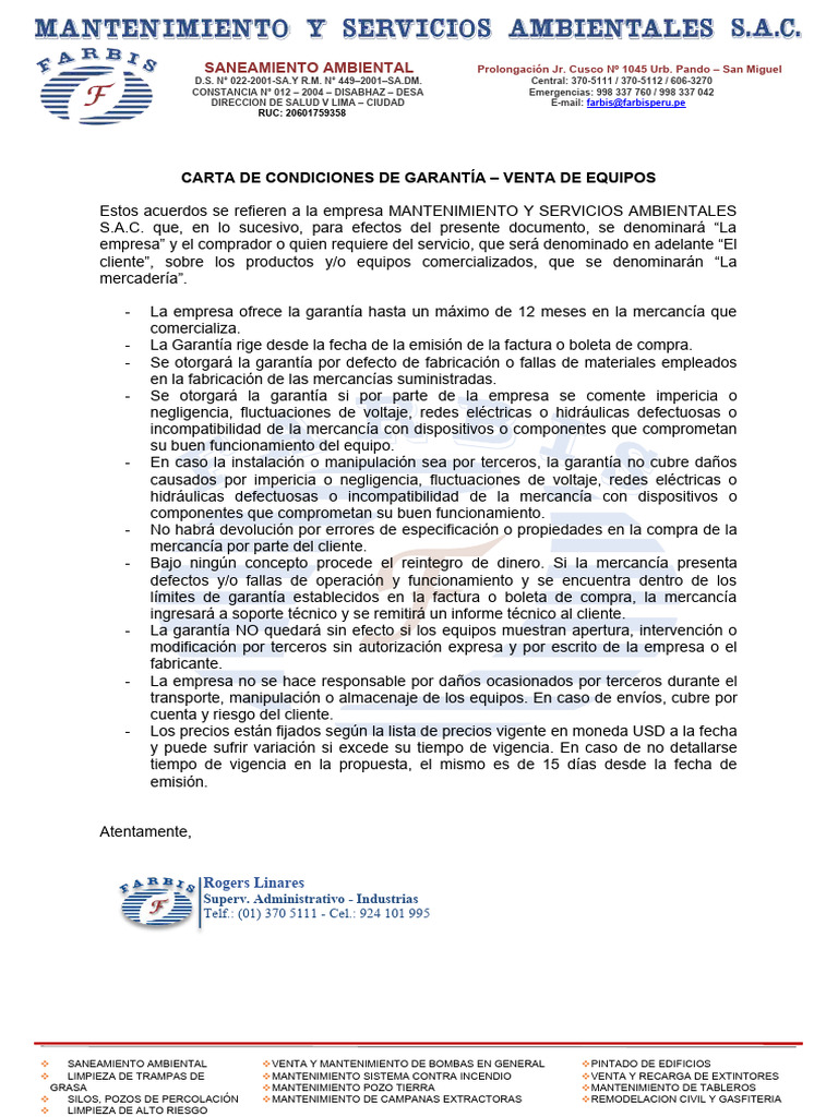 Carta de Condiciones de Garantia - Venta (1) | PDF
