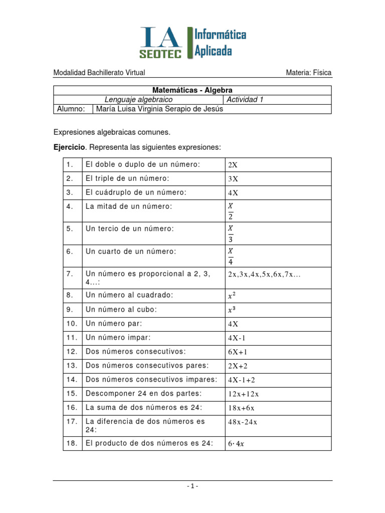 14 Algebra Actividad 1 | PDF
