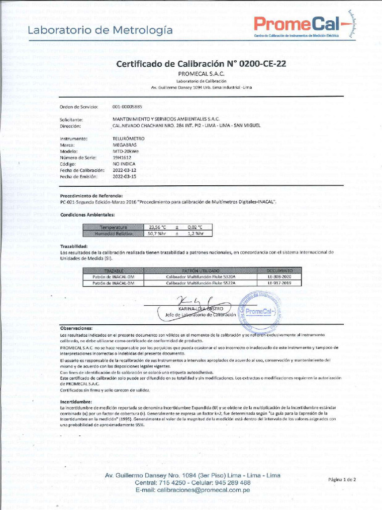 Cert. Calibracion N°0200-Ce-22 Telurometro - Megabras | PDF