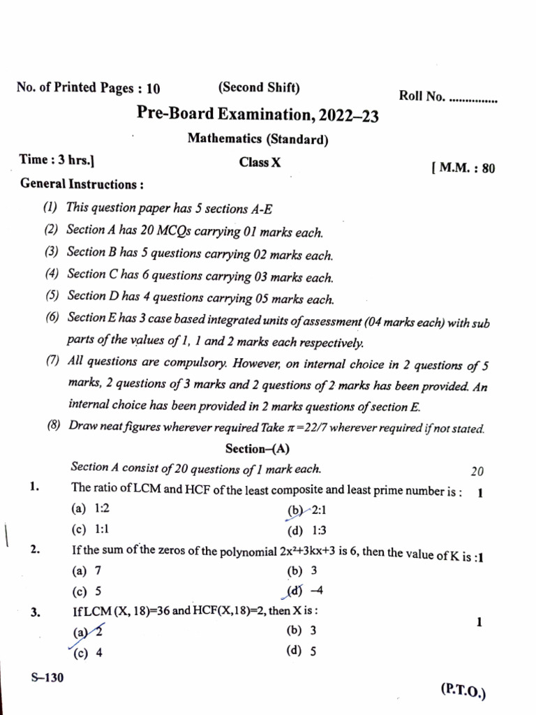 10th Maths Preboard | PDF | Circle | Mathematical Concepts