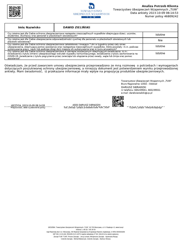 Analiza Potrzeb Klienta: Dariusz Sieradzki | PDF