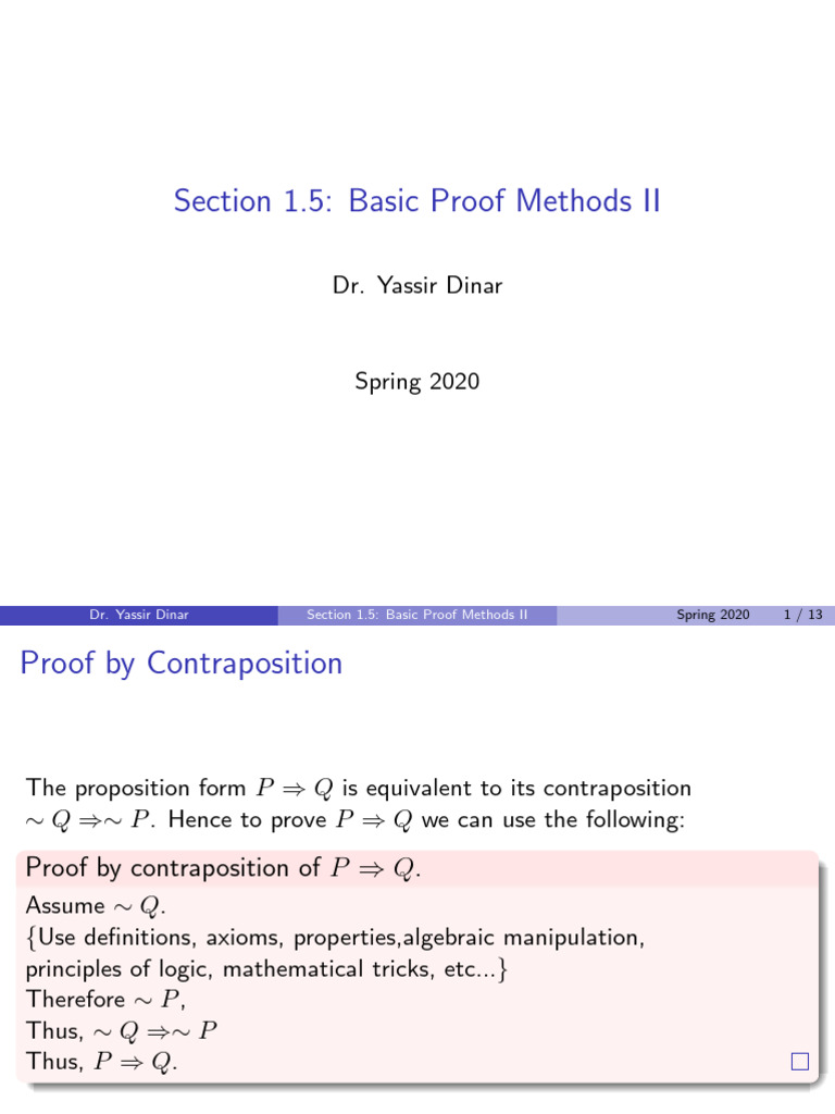 Section 1.5: Basic Proof Methods II: Dr. Yassir Dinar | PDF ...