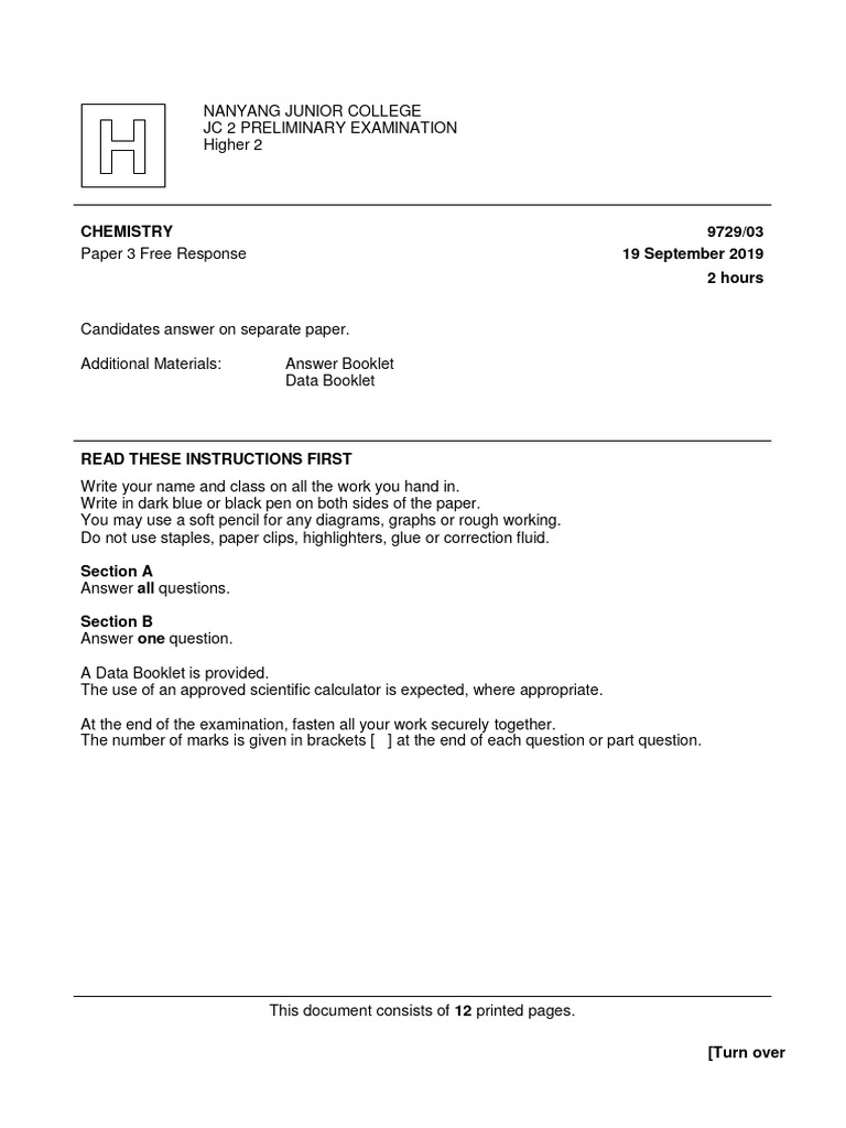 JC2 Chemistry Prelim Exam Paper 2019 | PDF | Science & Mathematics