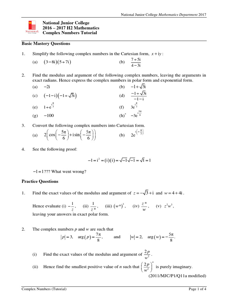 13 2016 - 2017 H2 Maths Complex Numbers Tutorial | PDF | Complex Number | Numbers