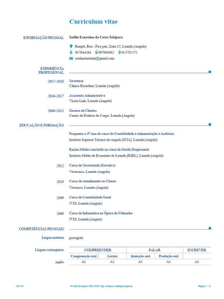 CV Europass 20190426 PT | Download grátis PDF | Business