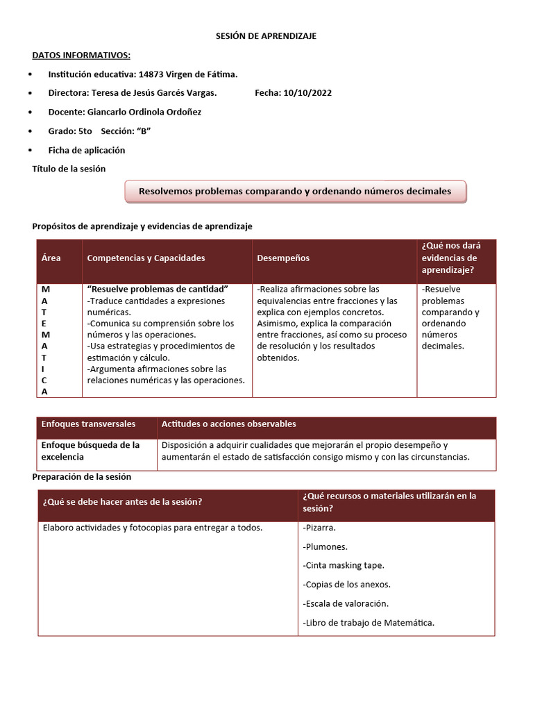 SESIÓN DE APRENDIZAJE Resolvemos Problemas Comparando y Ordenando ...