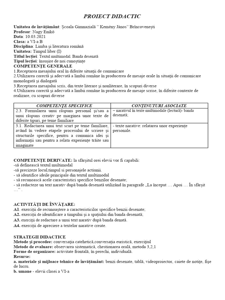 Proiect Didactic: Textul Multimodal. Banda Desenată | PDF