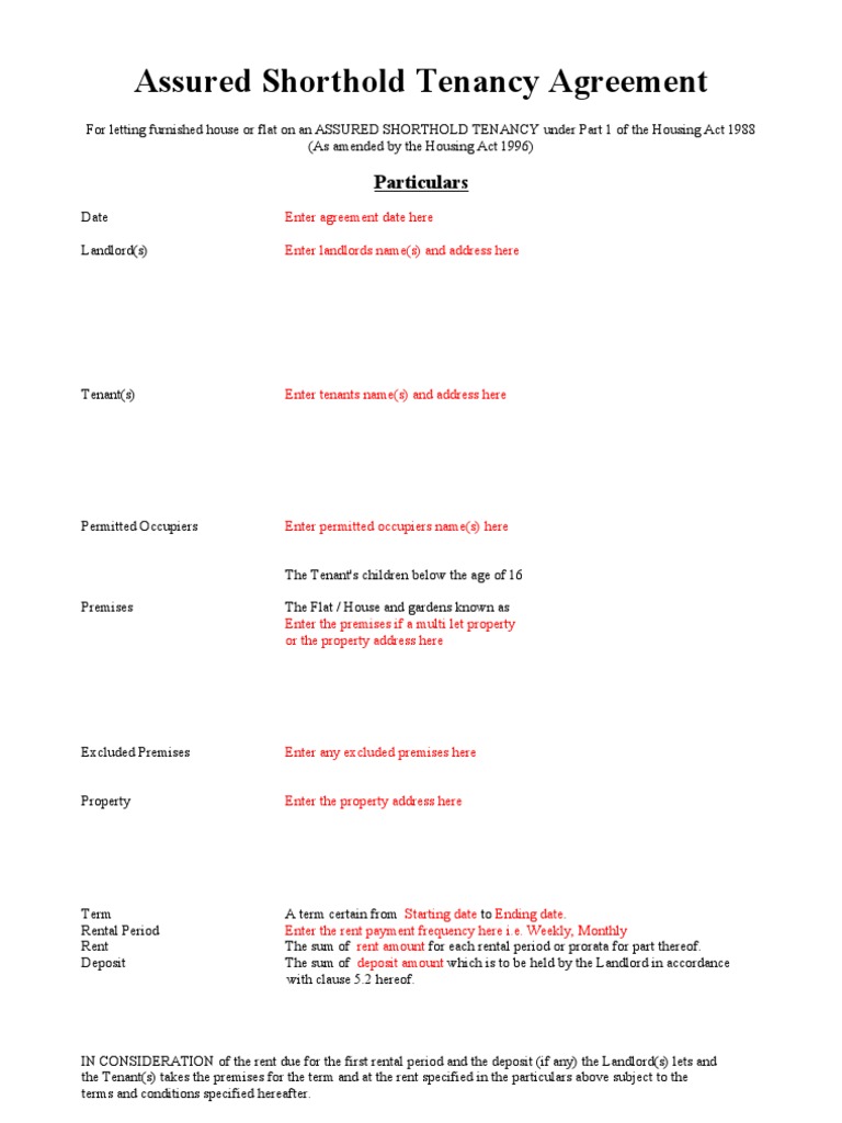 Assured Shorthold Tenancy Agreement-2 | PDF | Leasehold Estate | Landlord