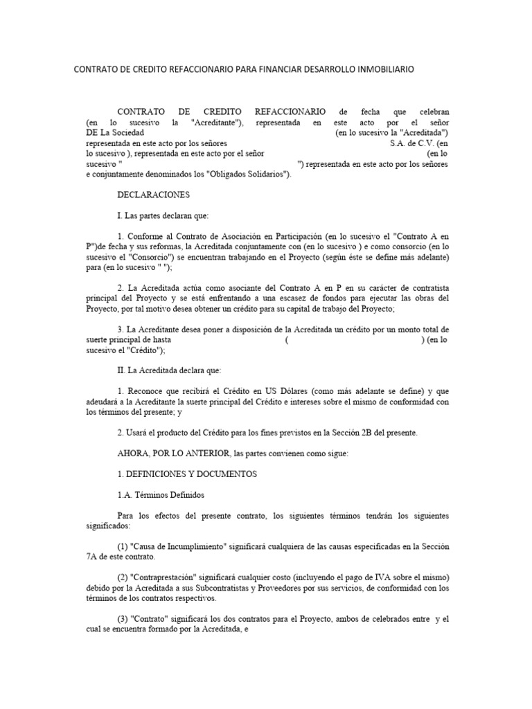 Contrato de Credito Refaccionario para Financiar Desarrollo ...