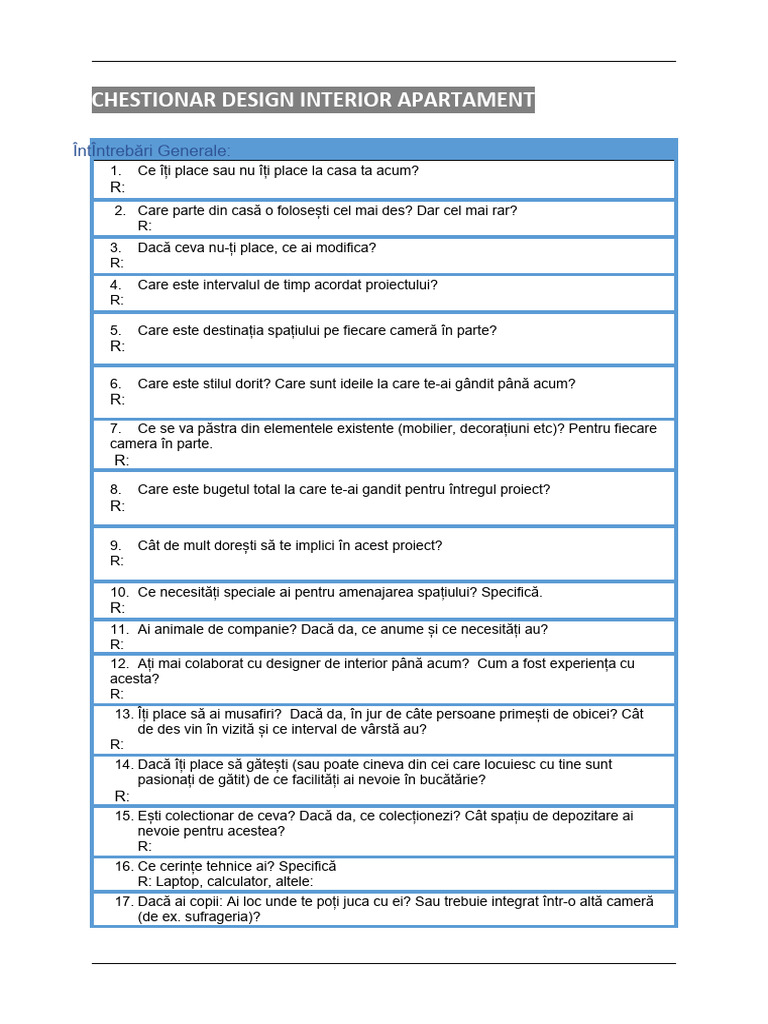 Chestionar Design Interior | PDF