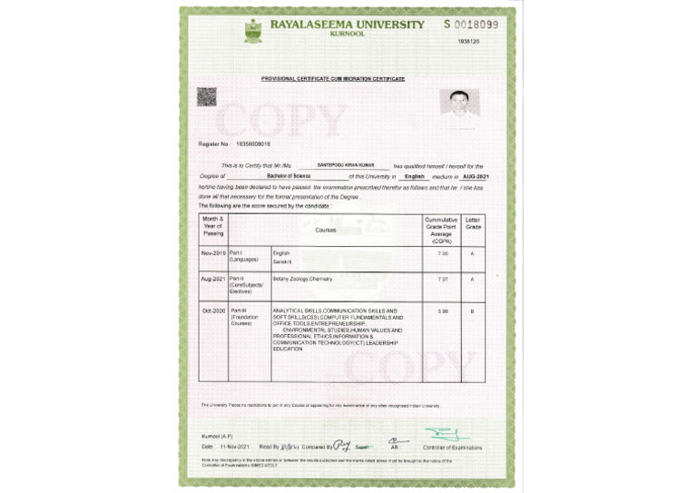 Kiran Provisional Certificate | PDF