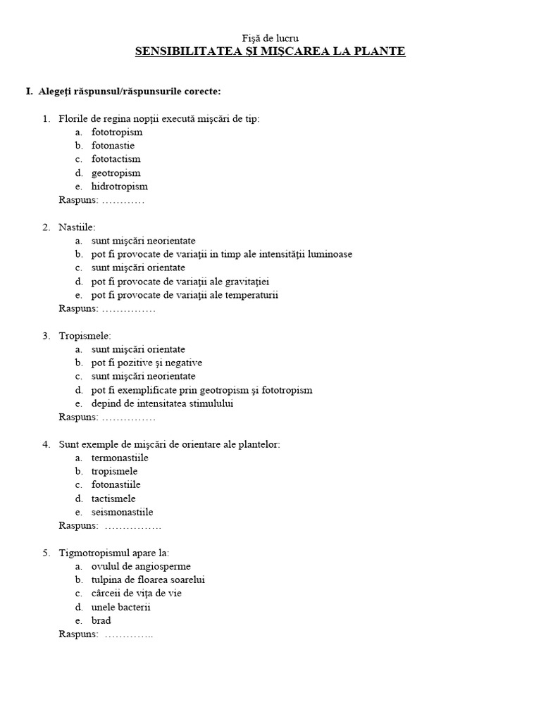 Fisa de Lucru Sensibilitatea Si Miscarea La Plante 10 A | PDF