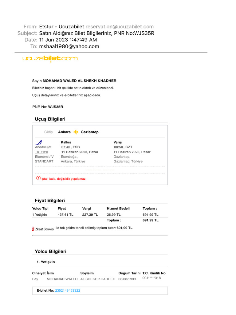 Satın Aldığınız Bilet Bilgileriniz, PNR NoWJS35R | PDF