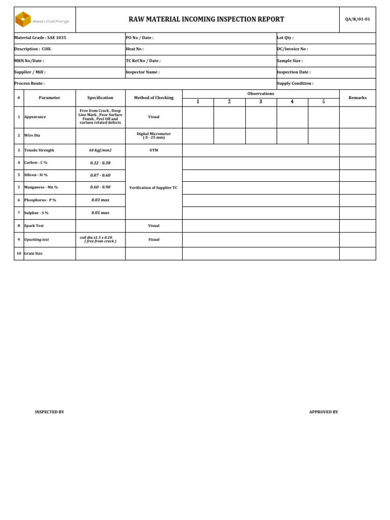 SAE 1035 Material Inspection Report | PDF