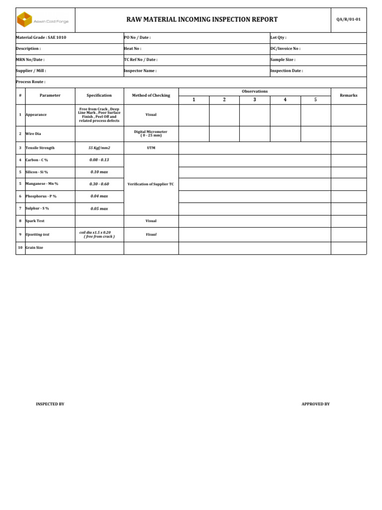 SAE 1010 Material Inspection Report | PDF